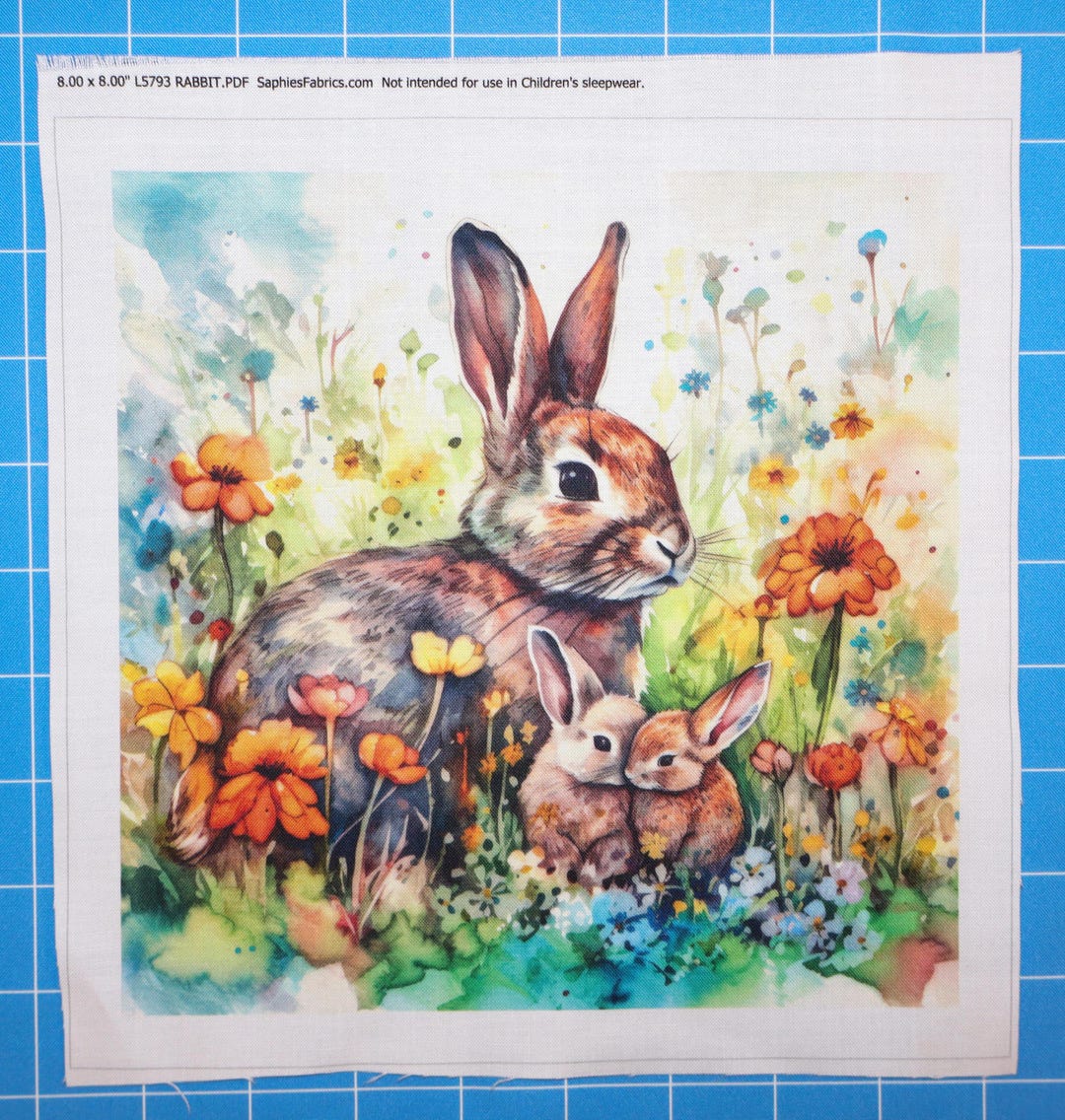 Floral Bunny Rabbits 100% Cotton Fabric Panel Block | Small Sewing ...