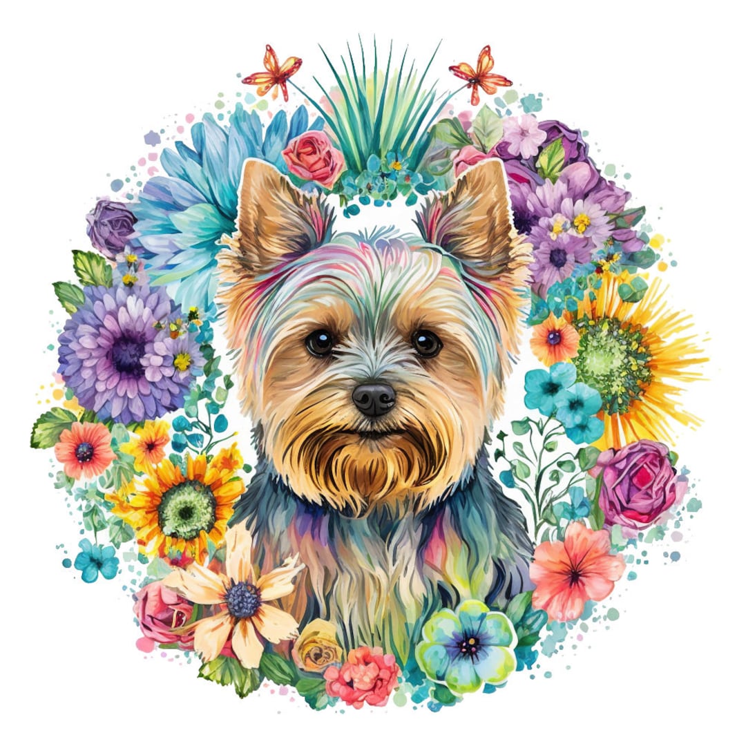 Floral Yorkie Dog 100% Cotton Fabric Panel Square Small Quilting Sewing ...