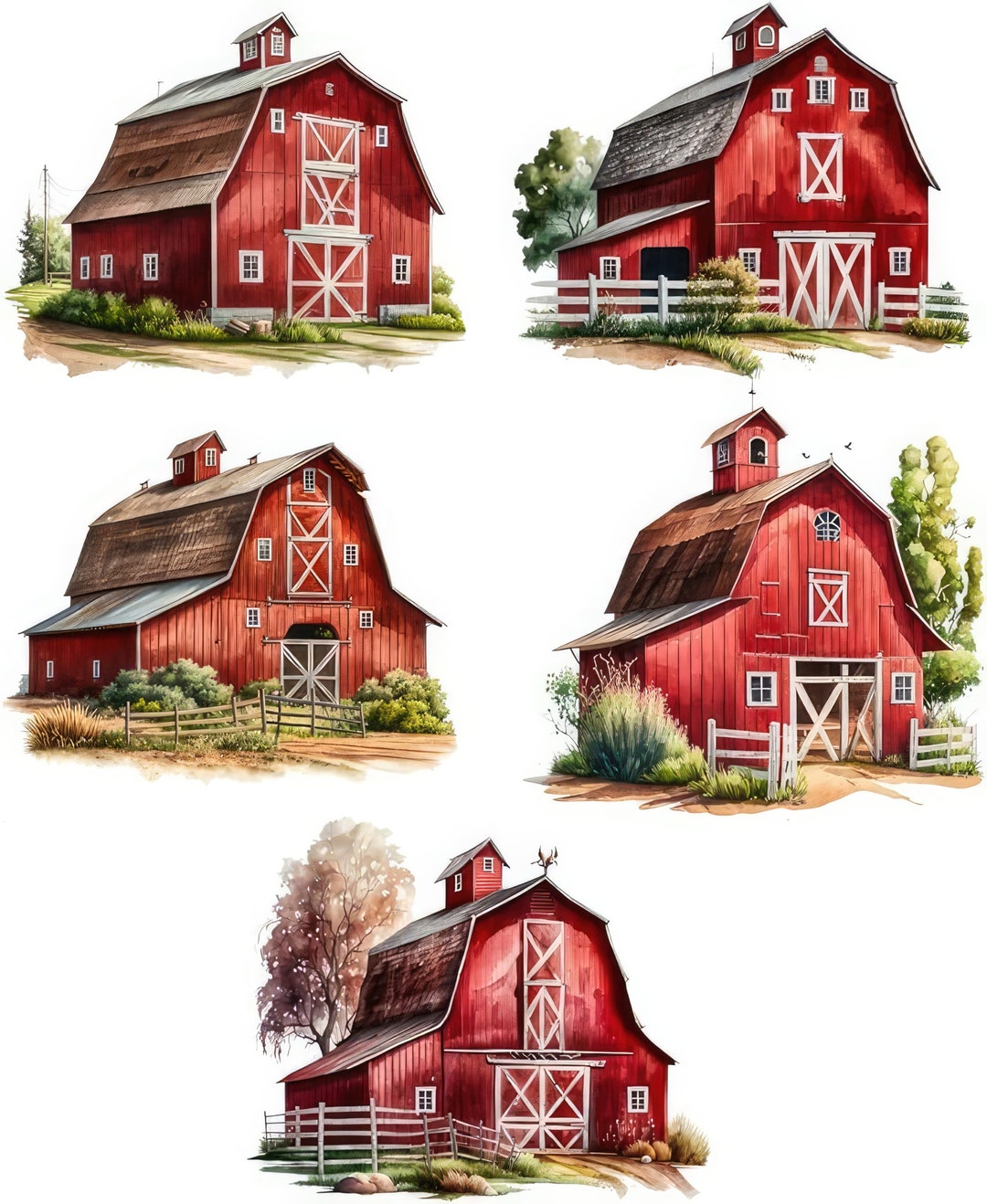5 Piece 3x3 Red Barns Fabric Panel Squares 100% Cotton Mini Fabric ...