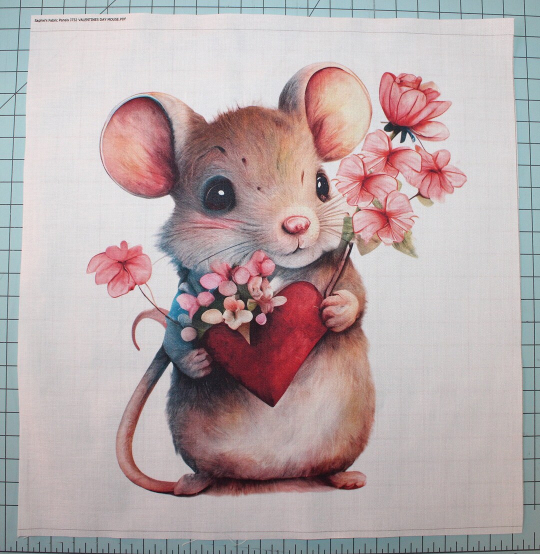 Mouse With Heart Flowers 100% Cotton Fabric Panel Square Small Quilting ...