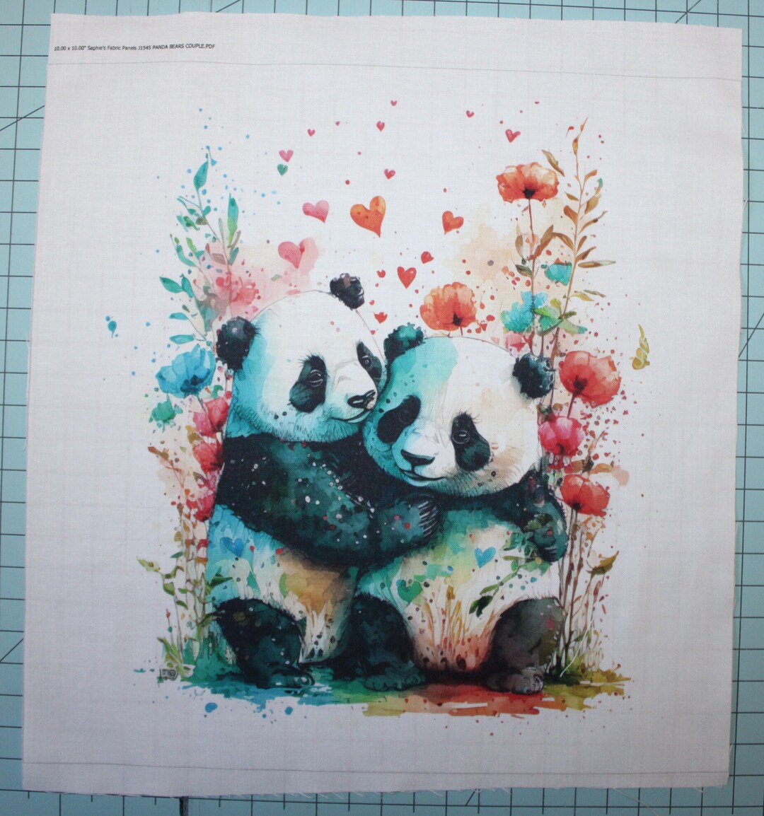 Panda Bears Watercolor 100% Cotton Fabric Panel Square Small Sewing ...