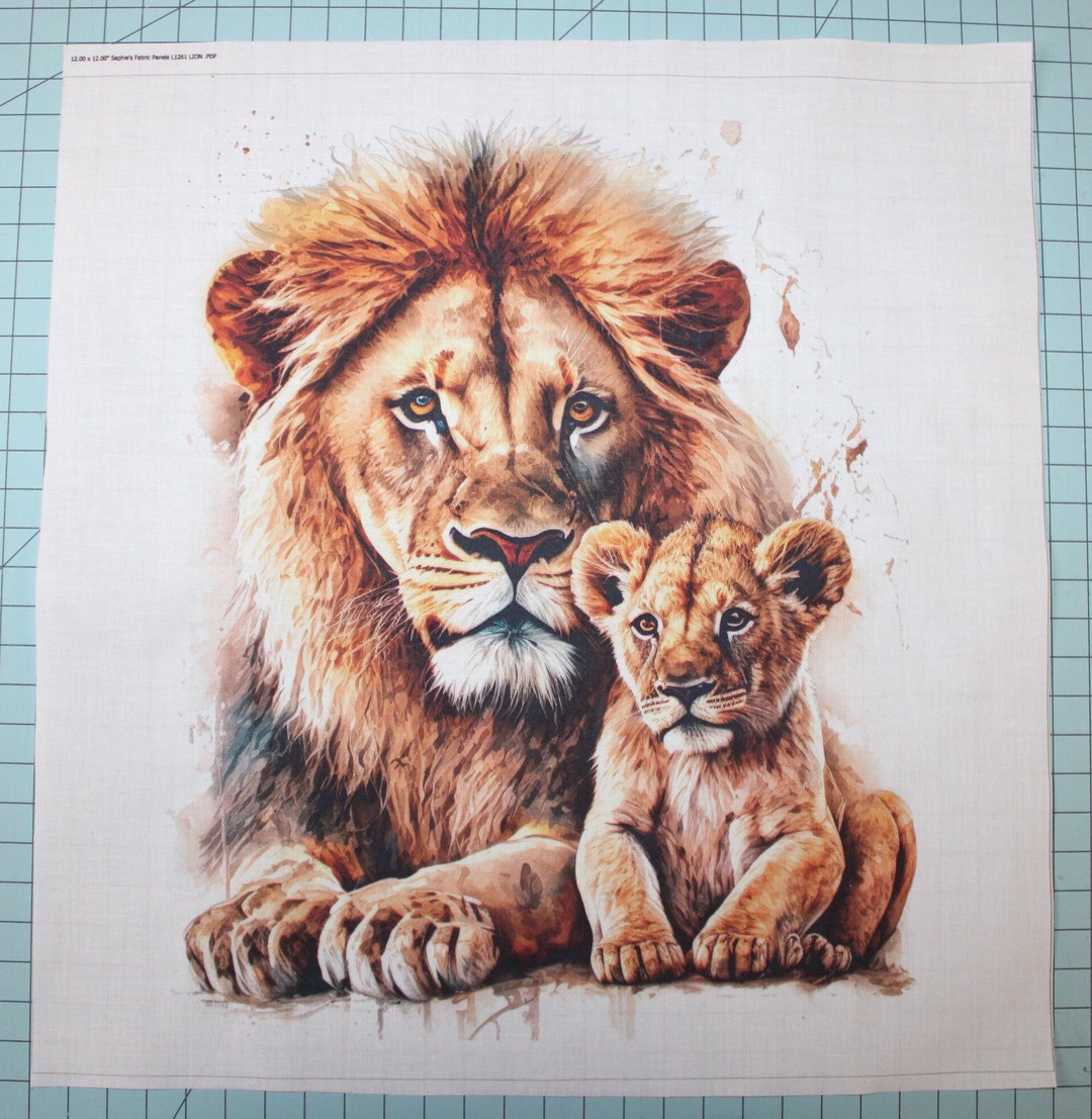 Lion & Cub 100% Cotton Fabric Panel Square Small Quilting Sewing Block ...