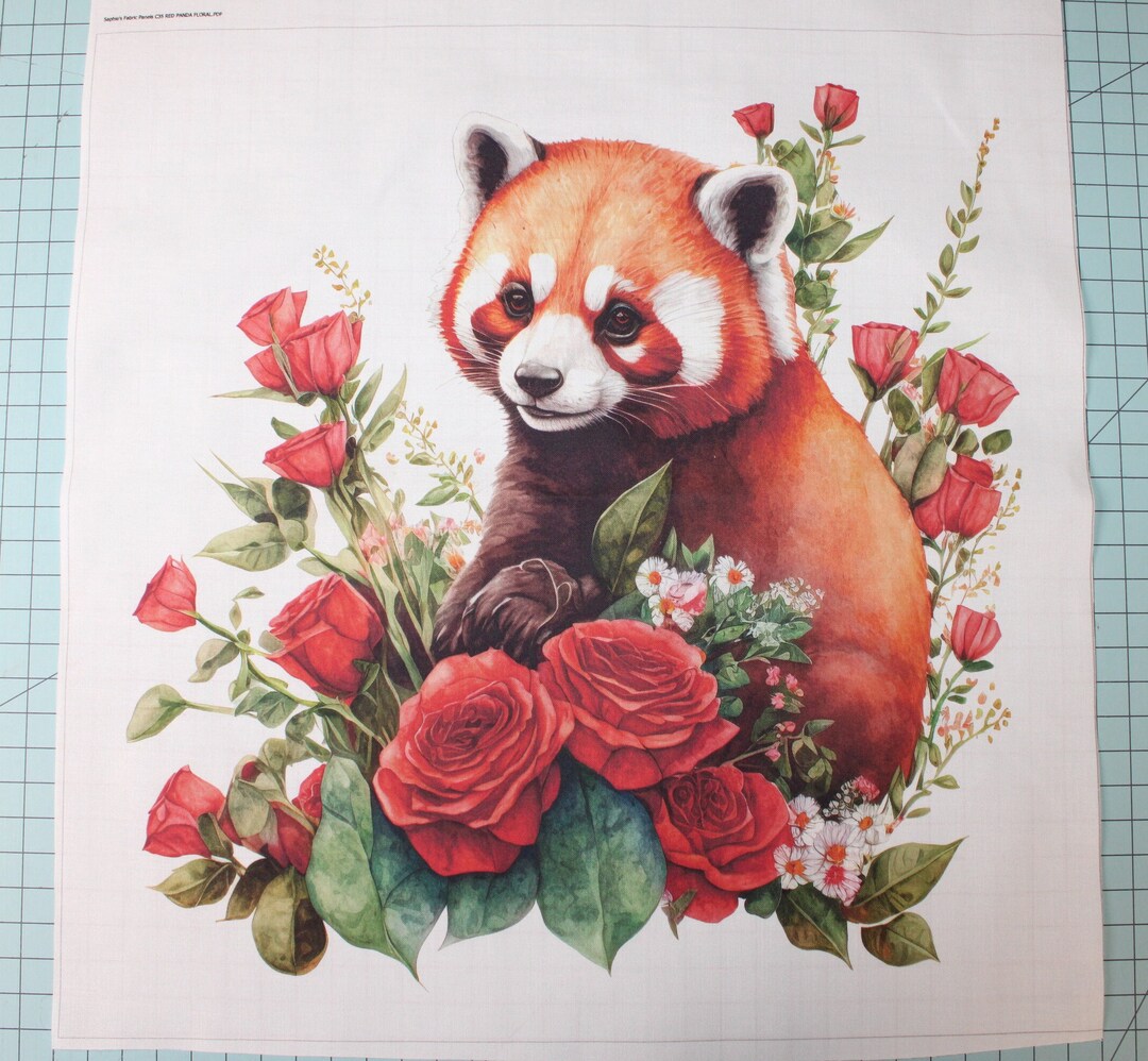 Floral Red Panda 100% Cotton Fabric Panel Block Small Sewing Quilting ...