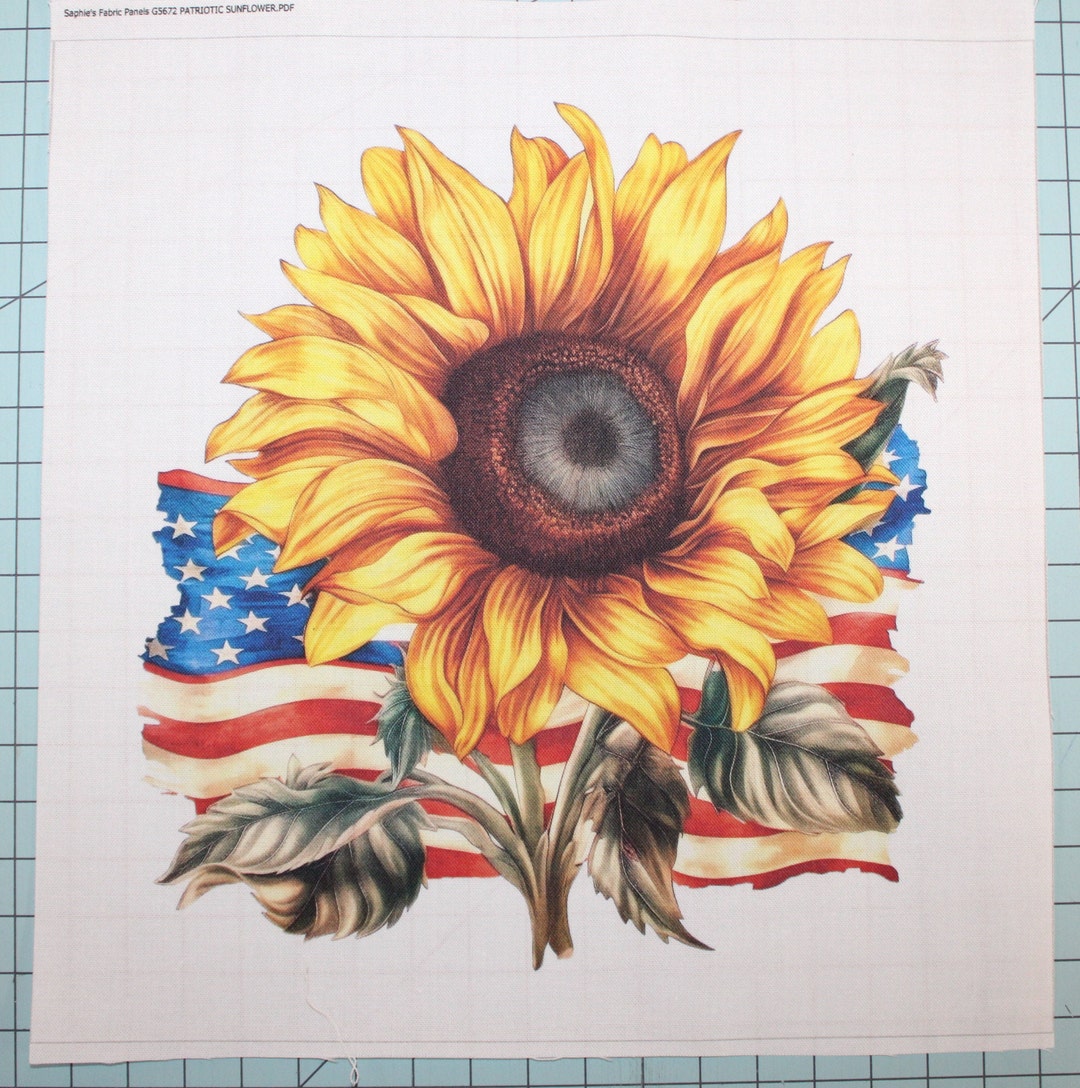 USA Flag Sunflower Patriotic 100% Cotton Fabric Panel Square Small ...