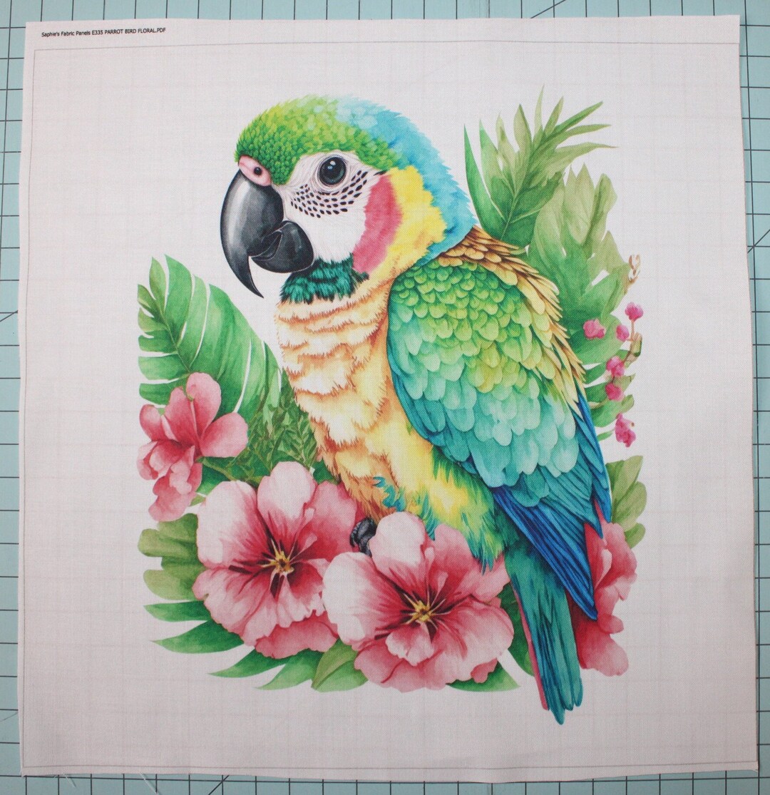 Tropical Parrot Bird Floral 100% Cotton Fabric Panel Square Quilting ...