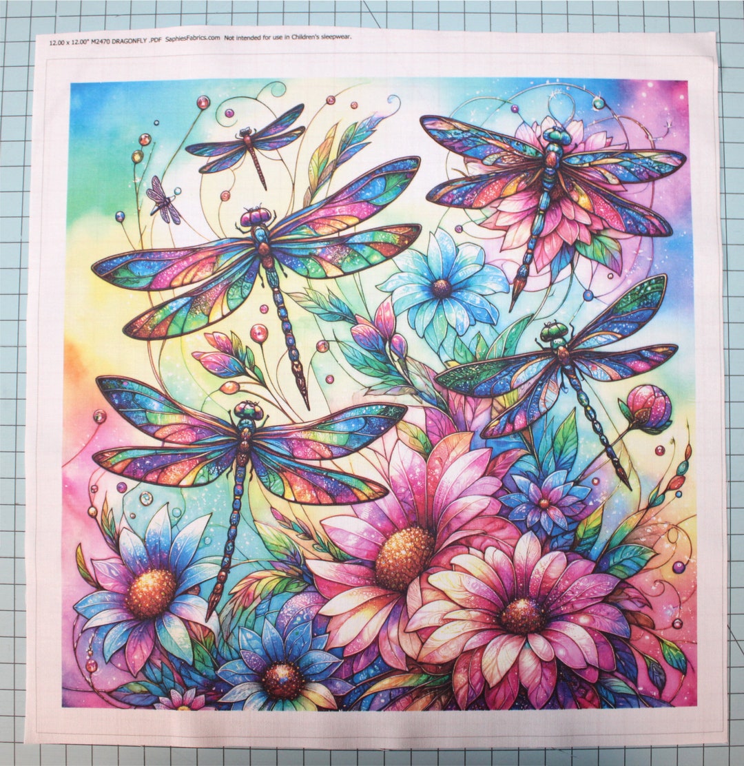 Stained Glass Dragonflies 100% Cotton Fabric Panel Block Small Sewing ...