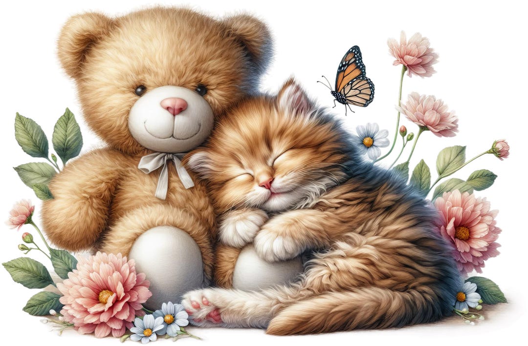 Kitten & Teddy Bear 100% Cotton Fabric Panel Block Small Quilting ...