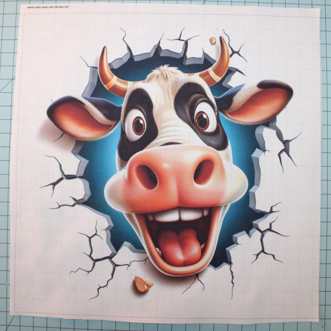 Cow Busting Through Wall 100% Cotton Fabric Panel Square Small Quilting ...