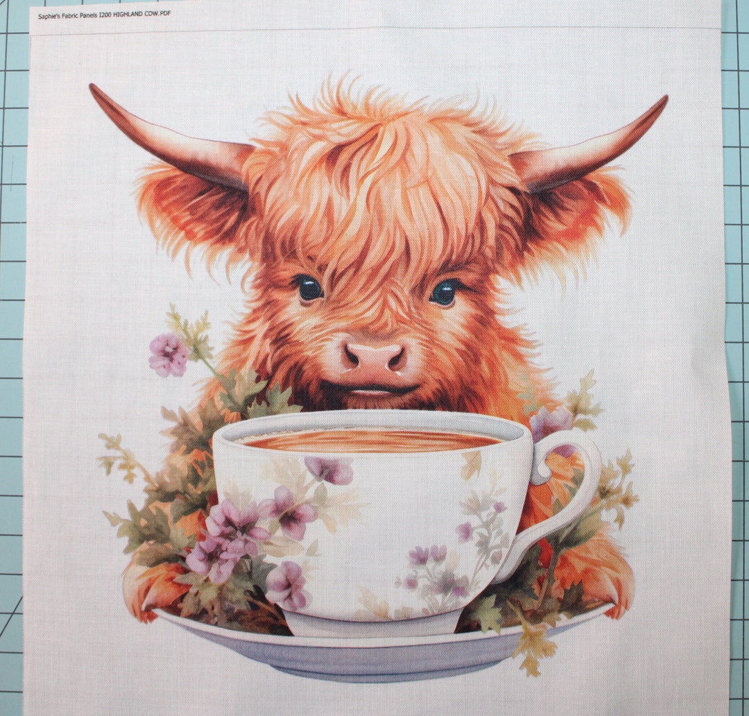 Highland Cow & Coffee 100% Cotton Fabric Panel Square Small Quilting ...