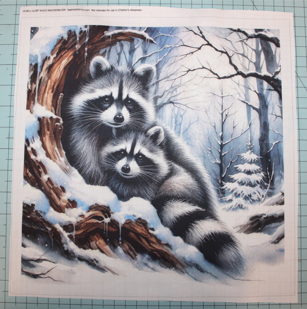 Snowy Raccoons 100% Cotton Fabric Panel Block | Small Sewing Quilting ...