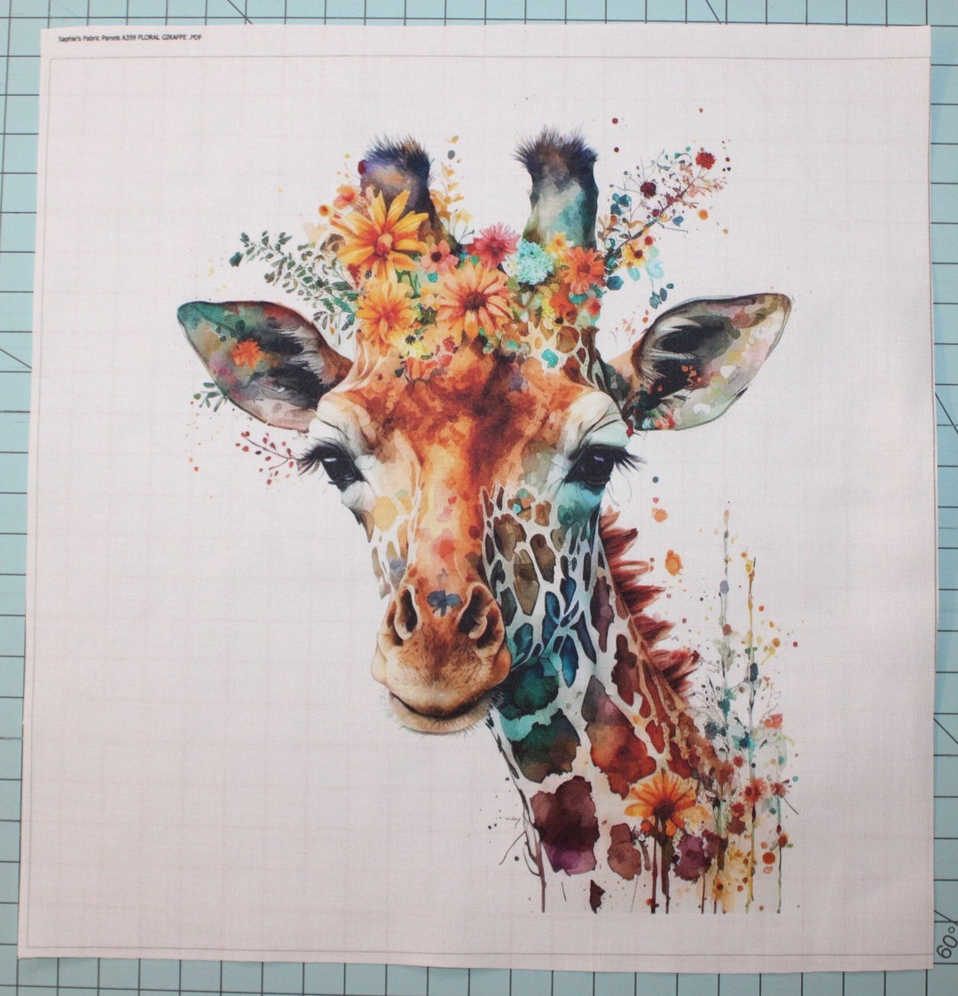 Giraffe With Flowers 100% Cotton Fabric Panel Square Small Quilting ...