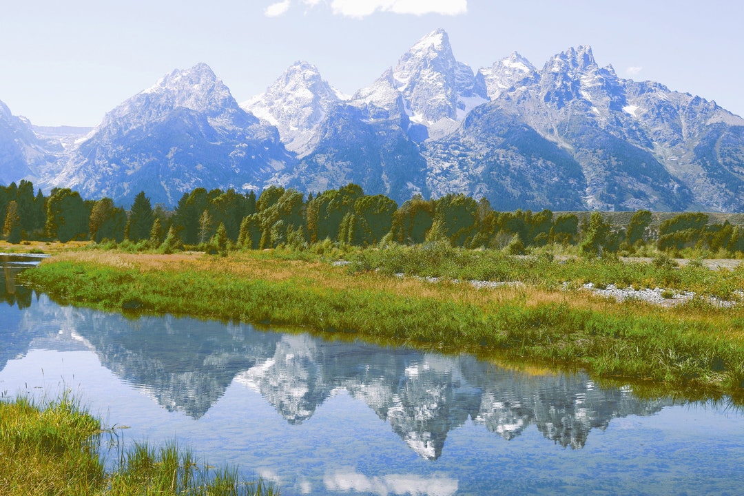Grand Teton Snow Capped Mountains Trees Reflections in Water - Etsy