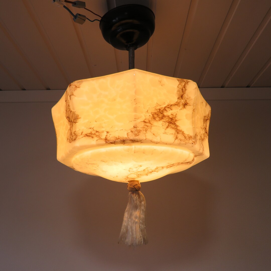 Art Deco Glass Ceiling Pendant Light Vintage Yellow Marbled Milkglass ...