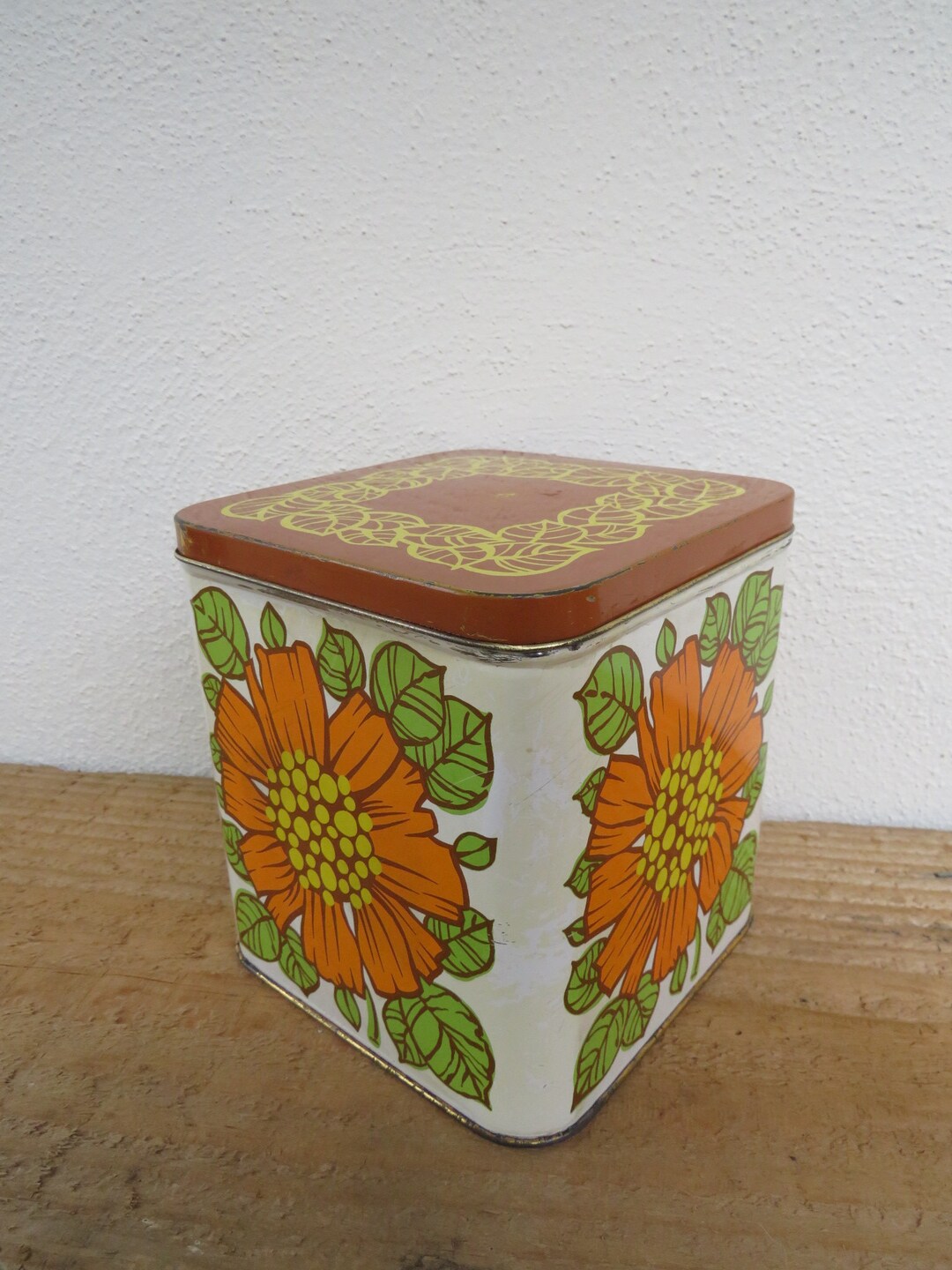 Retro TIN Metal Coffee BOX With Scoop 1970s Orange Floral Container ...