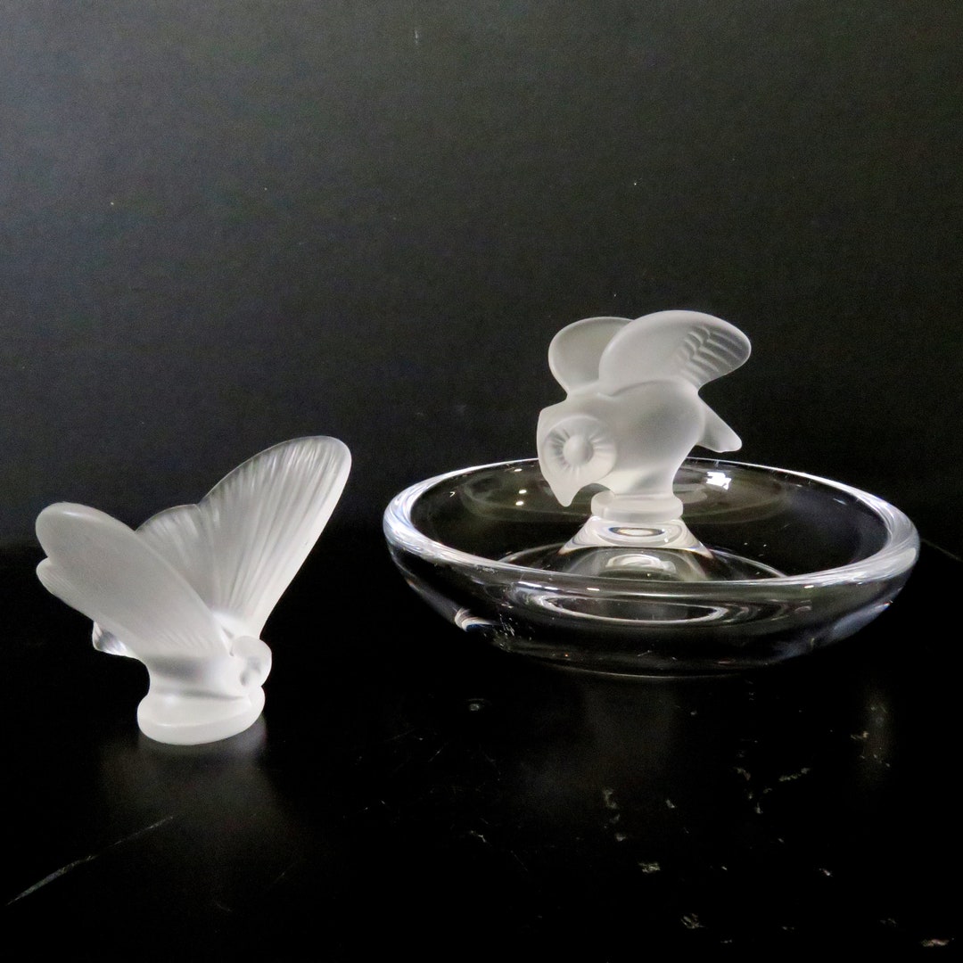 French SEVRES Crystal Paperweight Bowl Figurine Owl Butterfly France ...