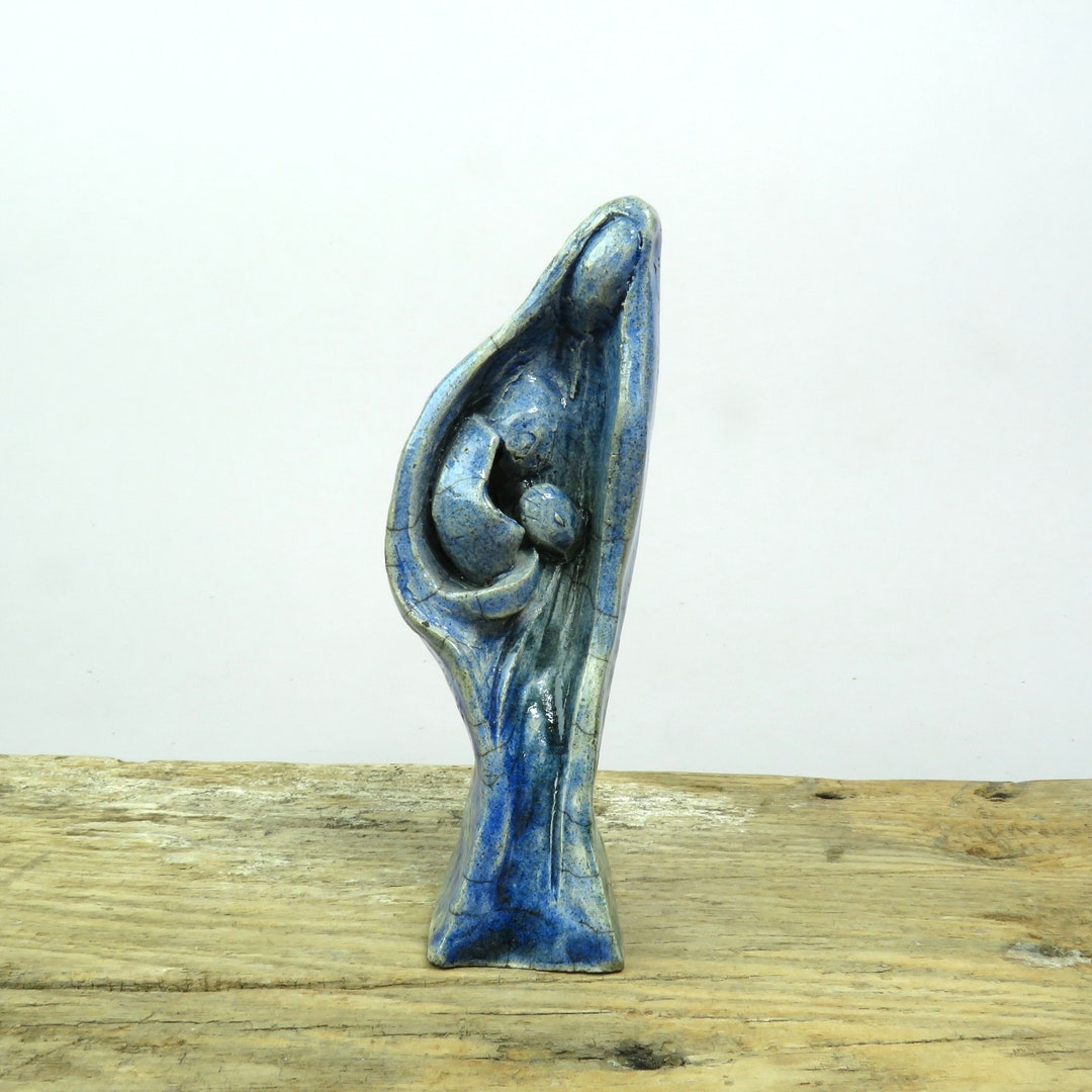 Handmade Madonna Figurine in Raku Clay Religious Blue Glazed Art ...