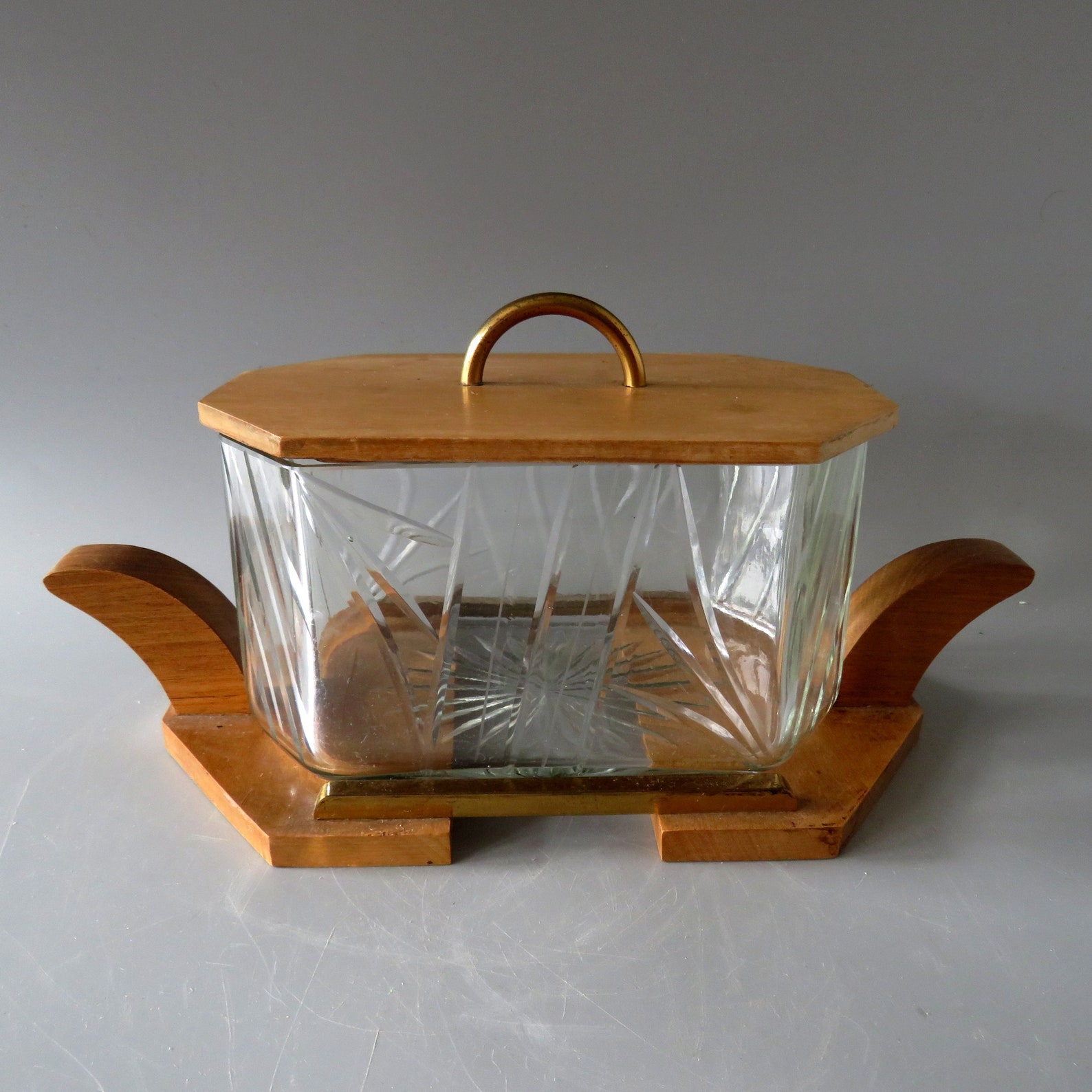 French Art Deco Cookie Jar in Wood and Cut Glass Biscuit - Etsy