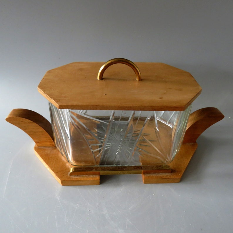 French Art Deco Cookie Jar in Wood and Cut Glass Biscuit - Etsy