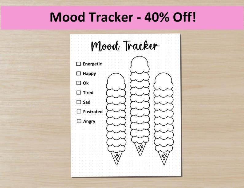PRINTABLE Ice Cream Mood Tracker, Journal Page, Planner Page, Feelings ...