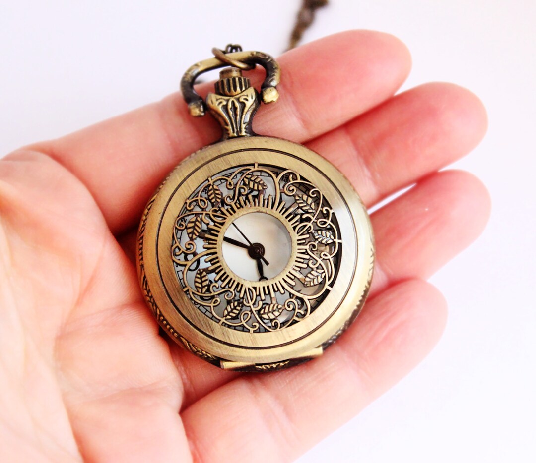Antique Bronze Pocket Watch Necklace | Steampunk Filigree Pendant Gift ...