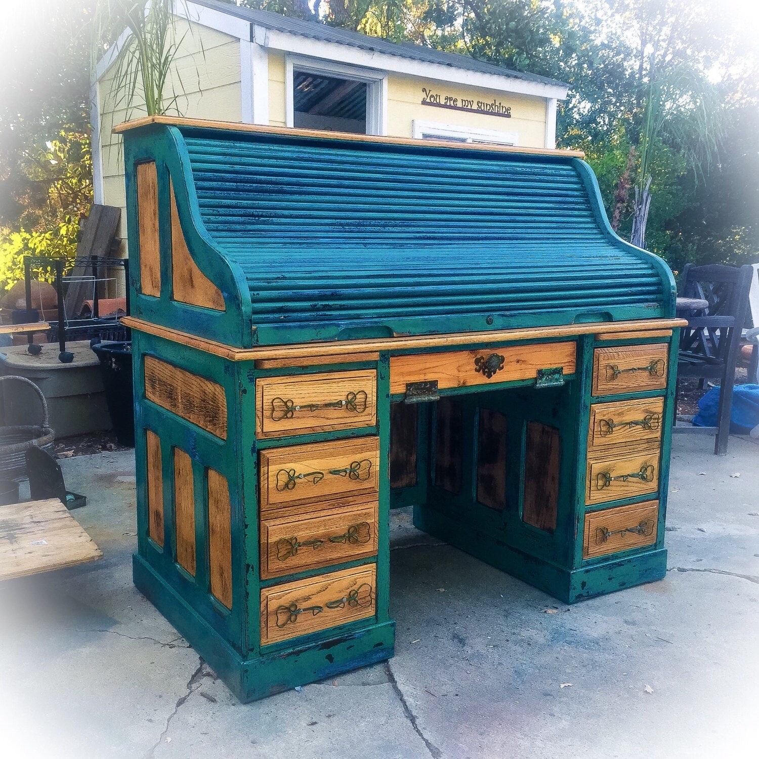 SOLD ~ Antique, French Country Desk, Green, Blue & Copper, Rustic ...
