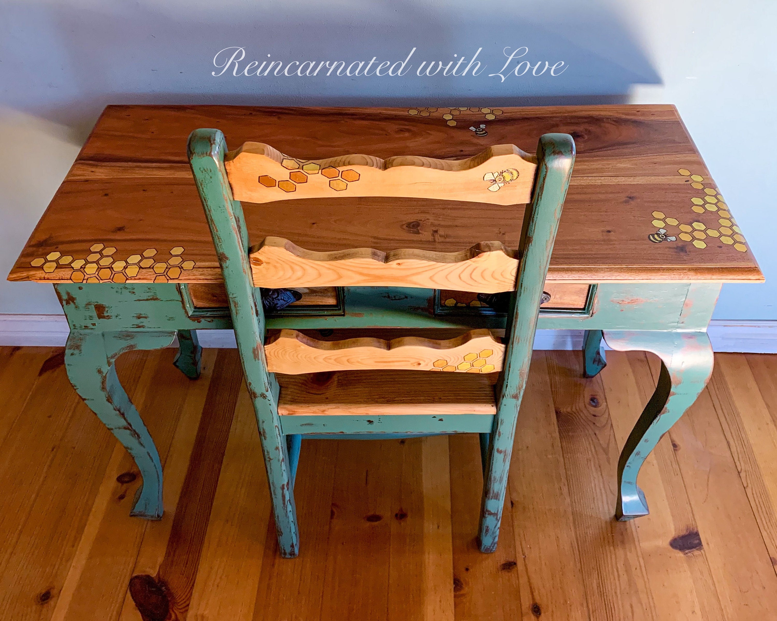 Writing Desk With Burnt Wood Honeycomb & Tiny Bee Accents, French ...