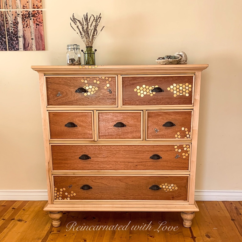 Tall Dresser, W/ Honeycomb & Tiny Bee Accents, Upcycled Chest of ...