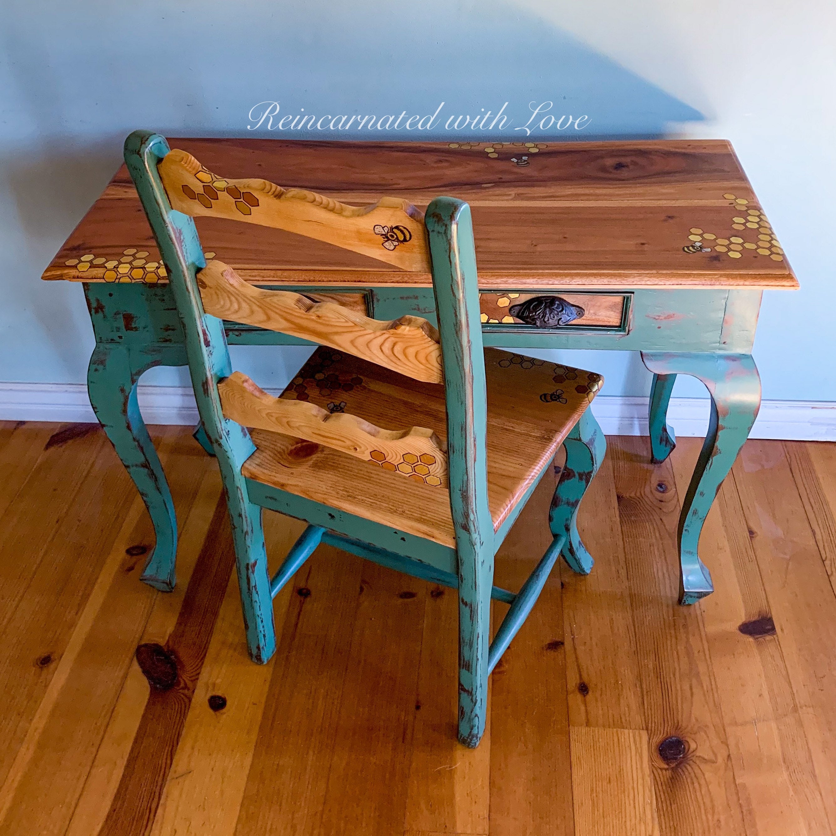 Writing Desk With Burnt Wood Honeycomb & Tiny Bee Accents, French ...