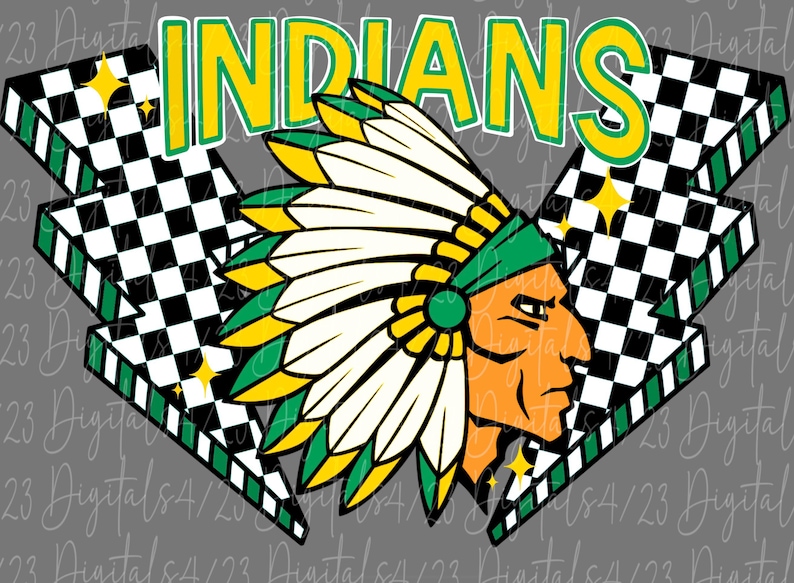 Indians Green & Gold Checkered Lightning Mascot PNG - Etsy