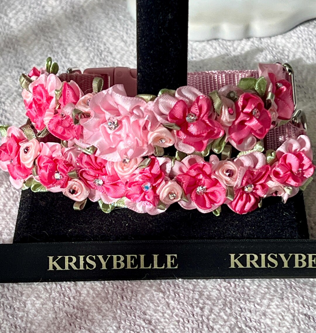 Pink Krisybelle Rose Dog Collar, 5 Colors, Adjustable, Small Dog Collar ...