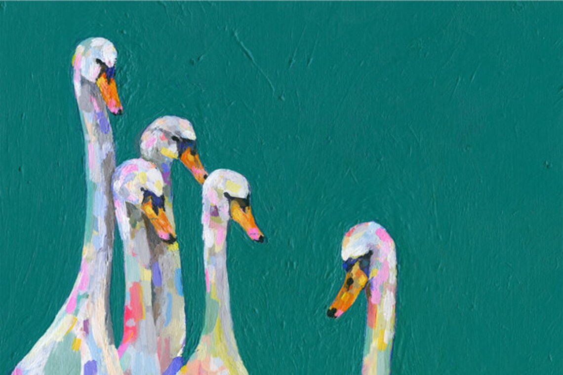 Original Swan Painting, Flock of Five, Swan Art, Swan Nursery, Rainbow ...