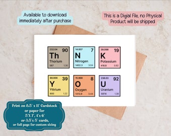 Printable Nerdy Thank You Card, Periodic Table of Elements, Science ...