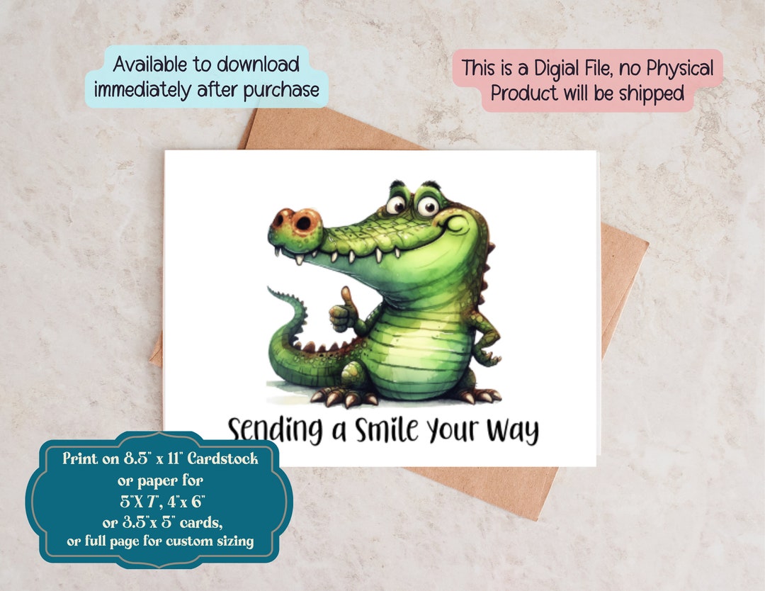 Crocodile Waving Greeting Card, Sending a Smile Your Way, Thinking of You, Just Because Card ...