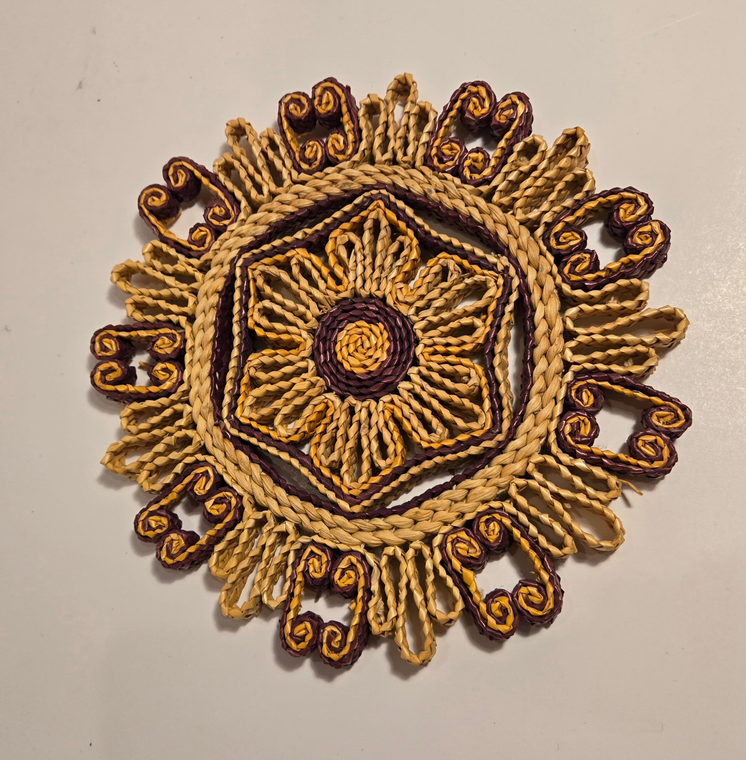 Vintage Multi-color Straw Rattan Round Trivet Hot Pad Boho Center Star ...