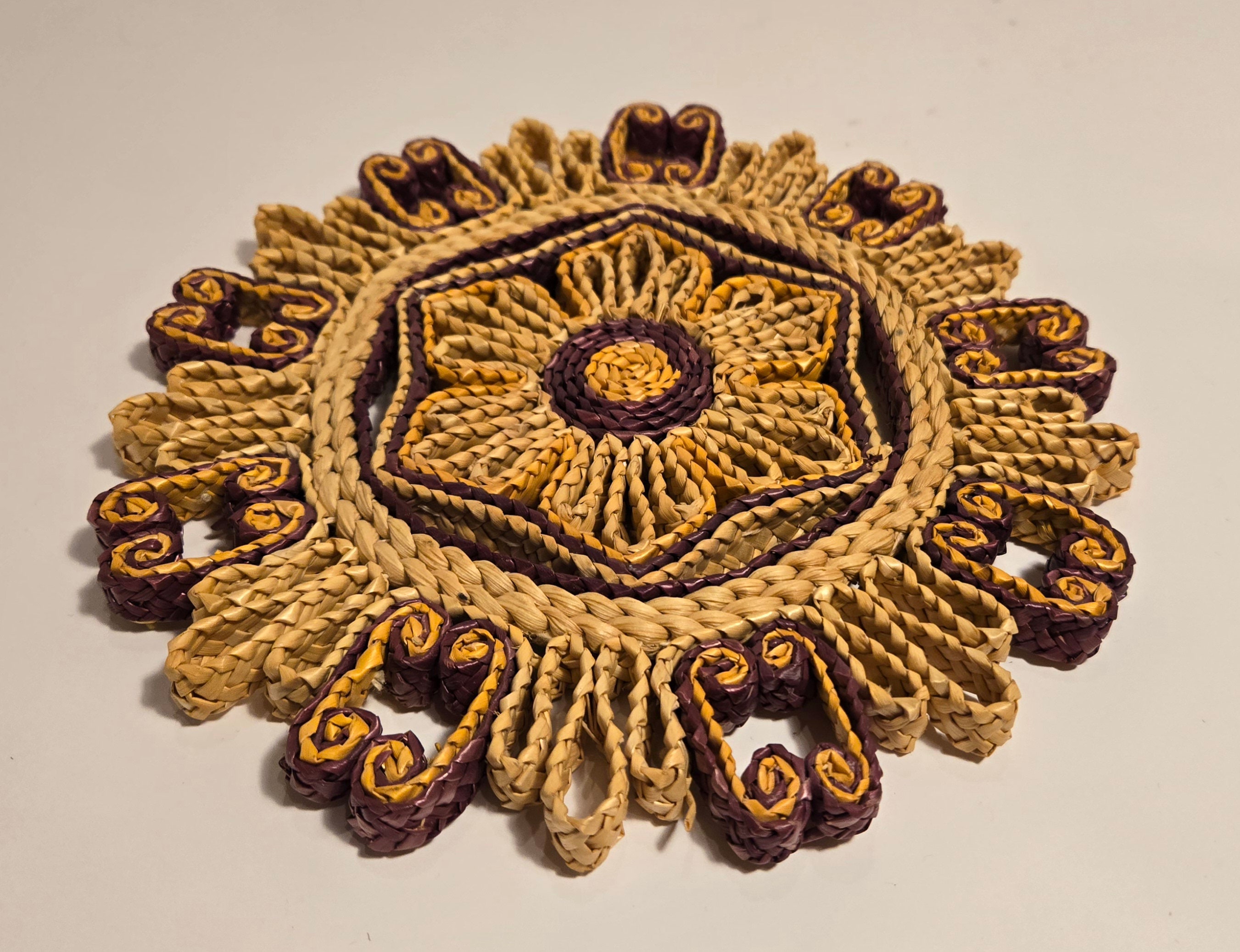 Vintage Multi-color Straw Rattan Round Trivet Hot Pad Boho Center Star ...
