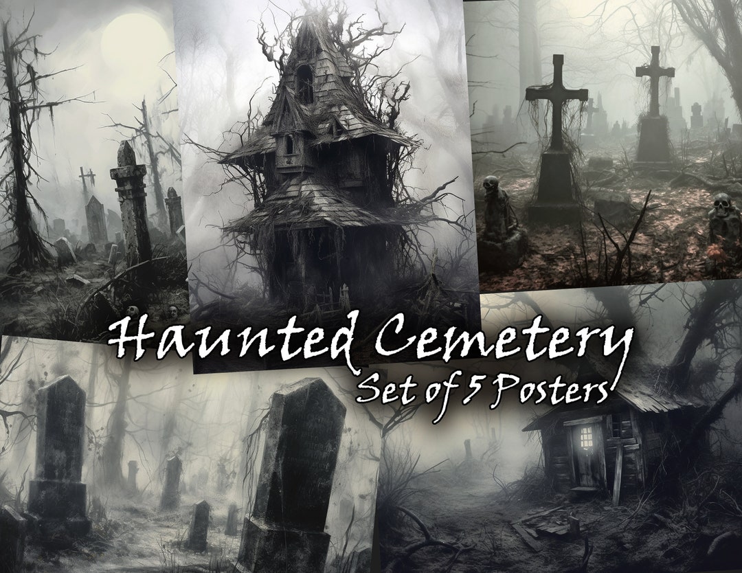 Haunted Cemetery Poster Set, 5 Printable Wall Art Prints of Creepy ...