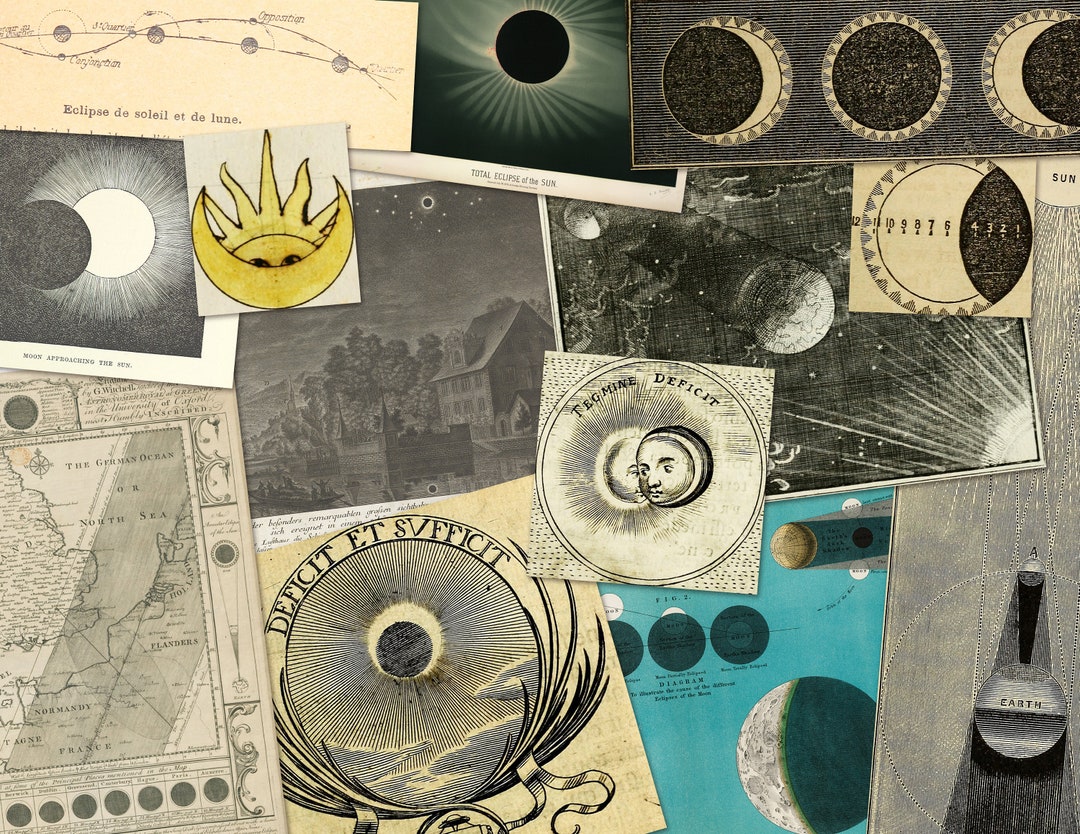Vintage Eclipse Printable Ephemera Pack, 56 Illustrations of Solar Eclipse and Lunar Eclipse ...