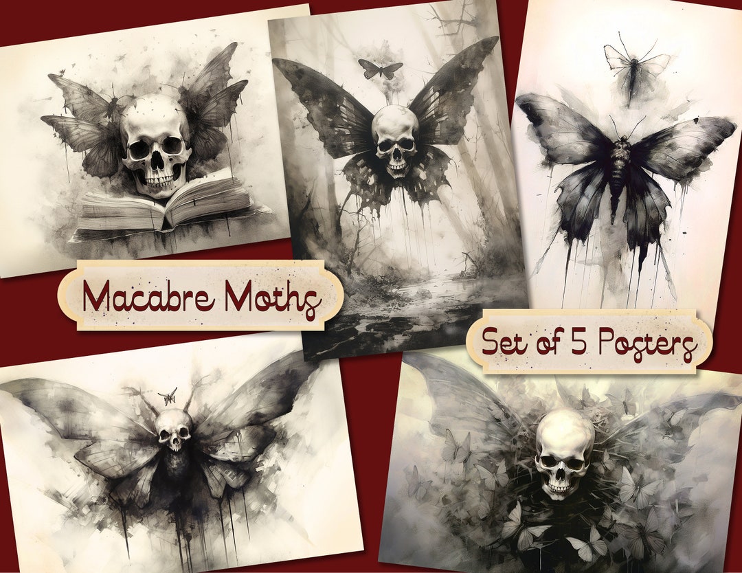 Macabre Moths Poster Set, 5 Printable Wall Art Prints With Creepy Moths ...