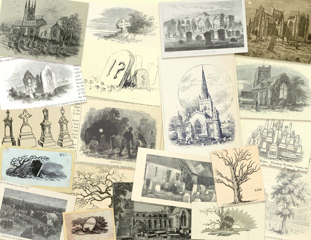 Vintage Cemetery Printable Ephemera Kit, 20 Graveyard Illustrations for ...