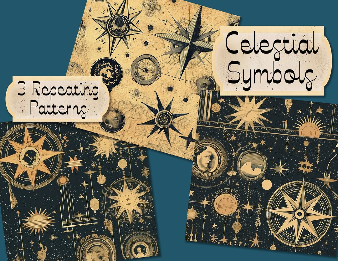 Celestial Symbols Pattern Set, 3 Seamless Repeating Patterns With Space ...