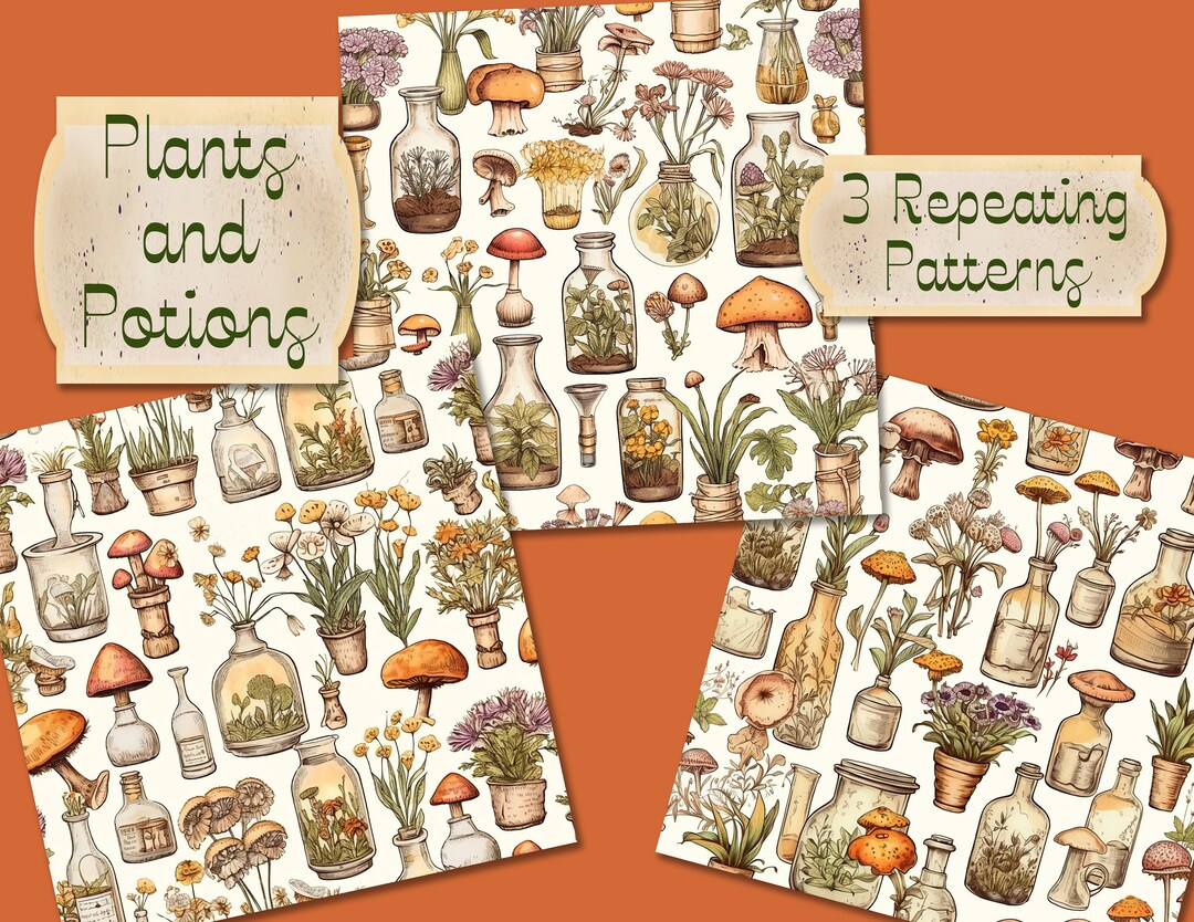 Plants and Potions Pattern Set, 3 Seamless Repeating Patterns Potion ...