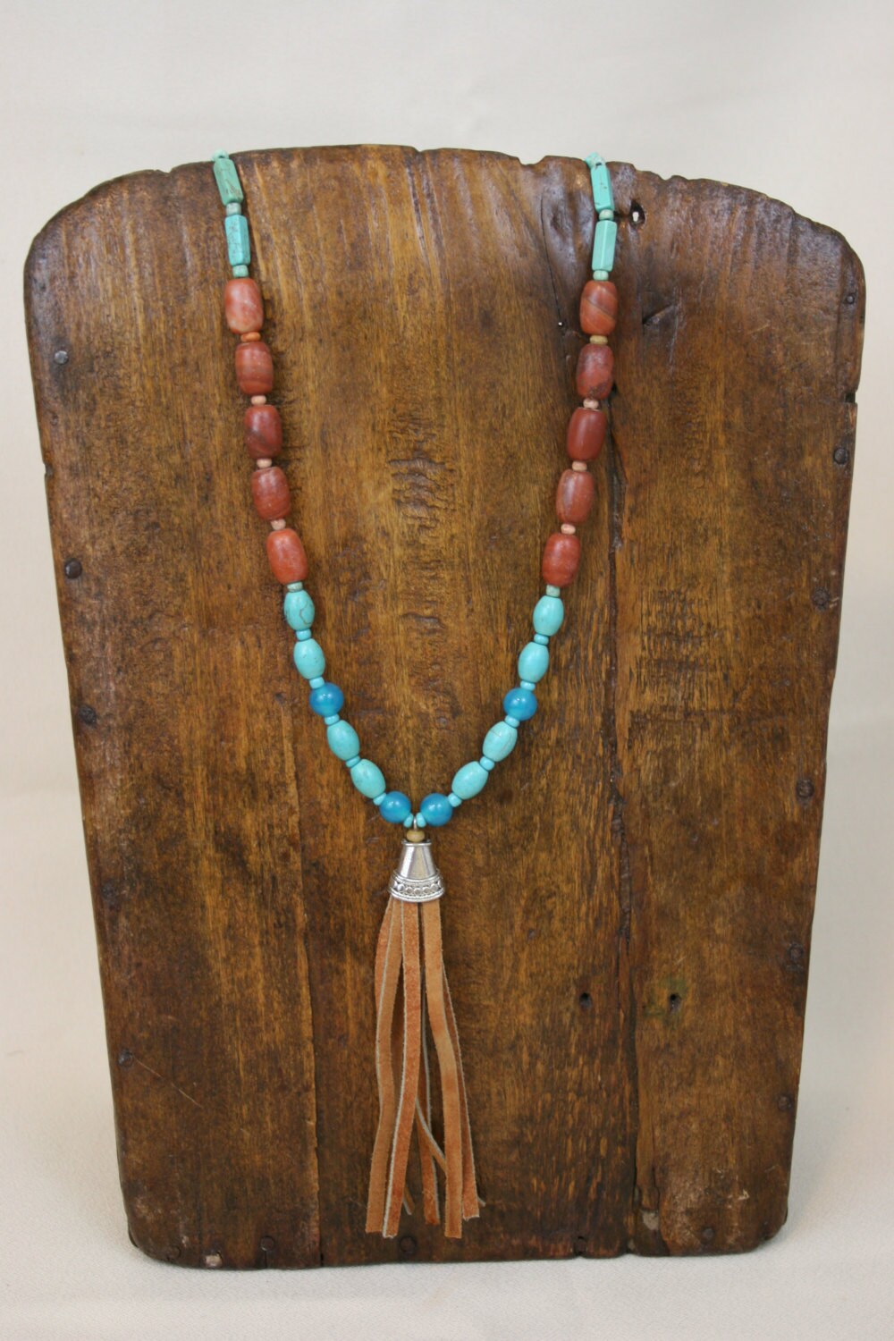 Turquoise & Leather Tassel Southwest Mala Necklace - Etsy