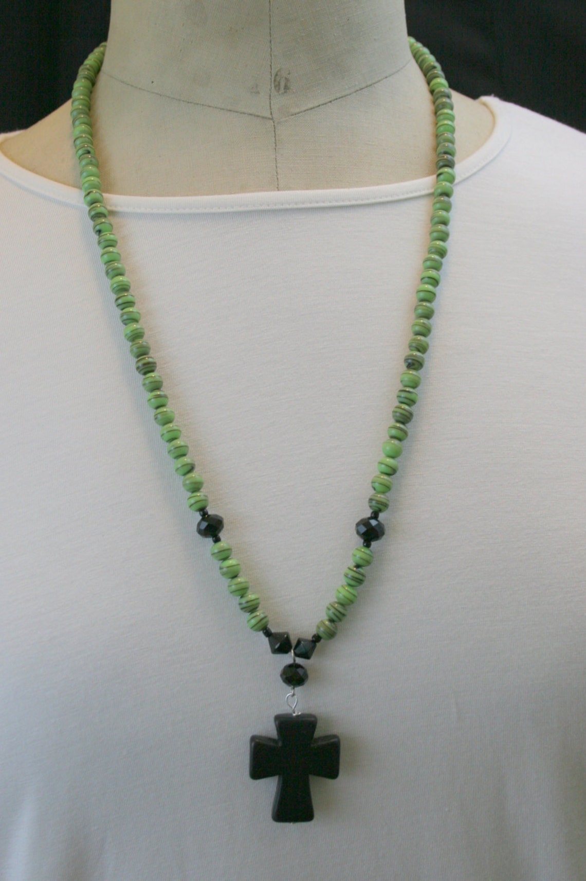 Vintage Glass Beads With Ceramic Cross Long Necklace - Etsy