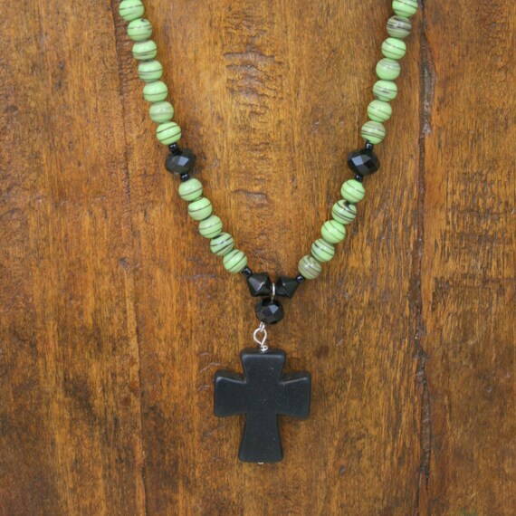 Vintage Glass Beads With Ceramic Cross Long Necklace | Etsy