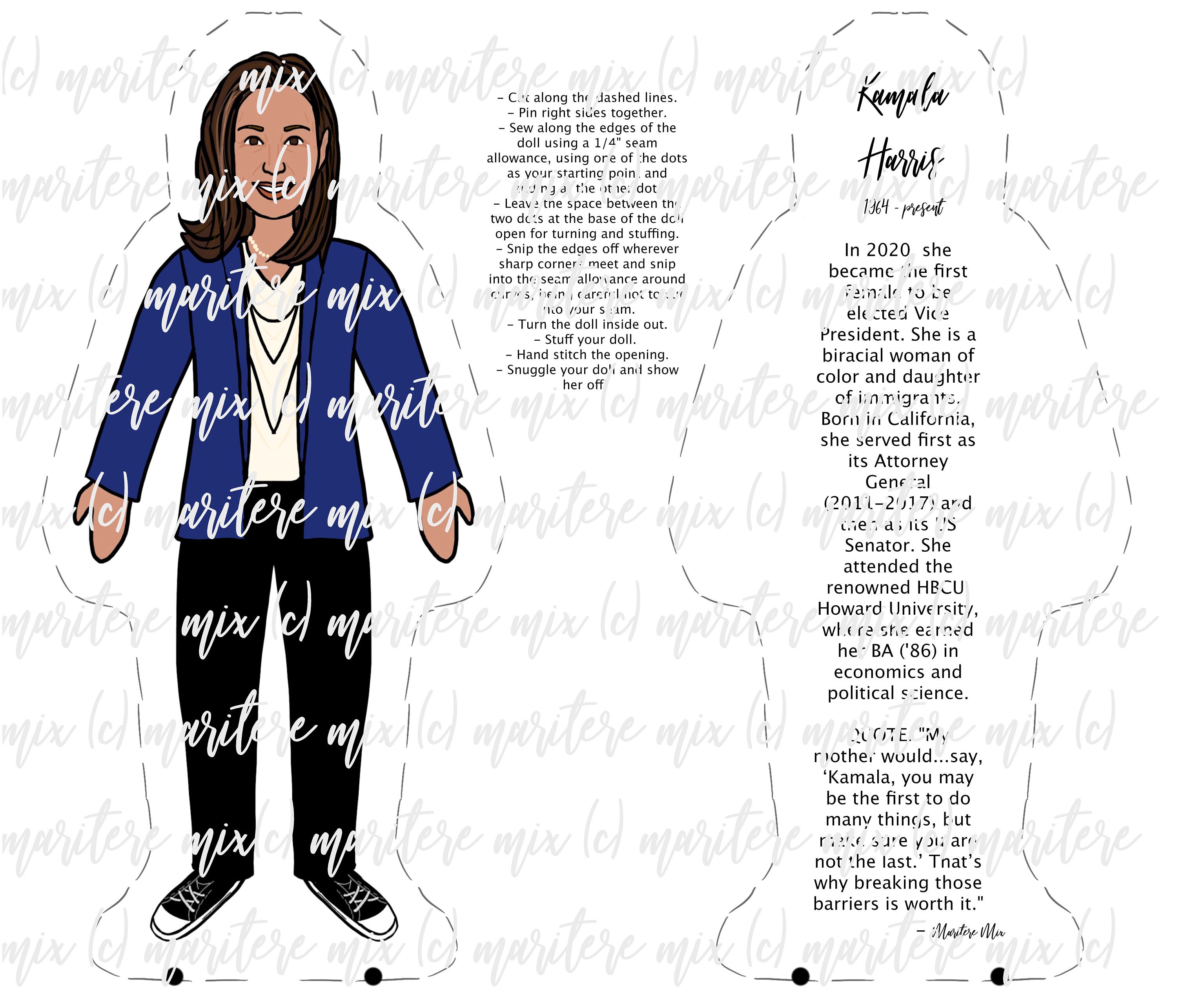 Cut and Sew Doll Your Own KAMALA HARRIS, Large Pillow, Doll Fabric ...