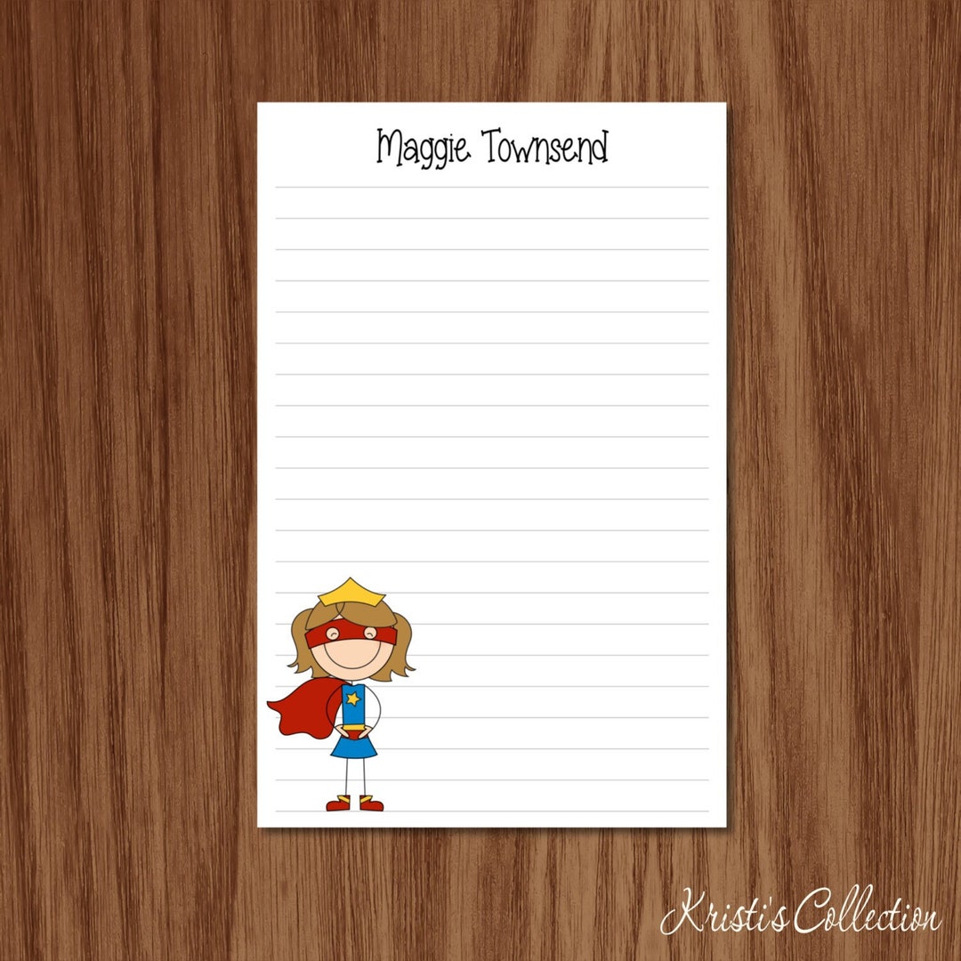 Girls Superhero Notepad | Personalized Stick Figure Lined Memo Pad ...