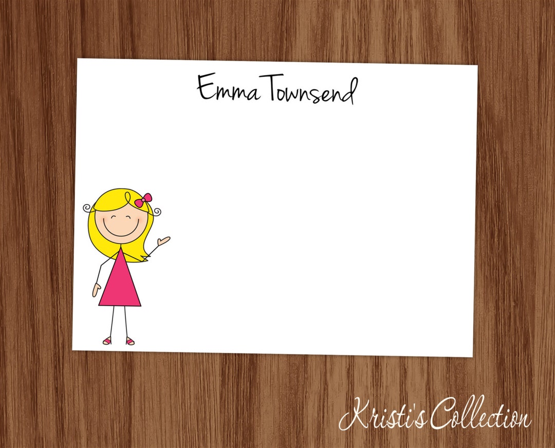 Girls Stick Figure Flat Notecards - Girl, Teens Personalized Custom ...