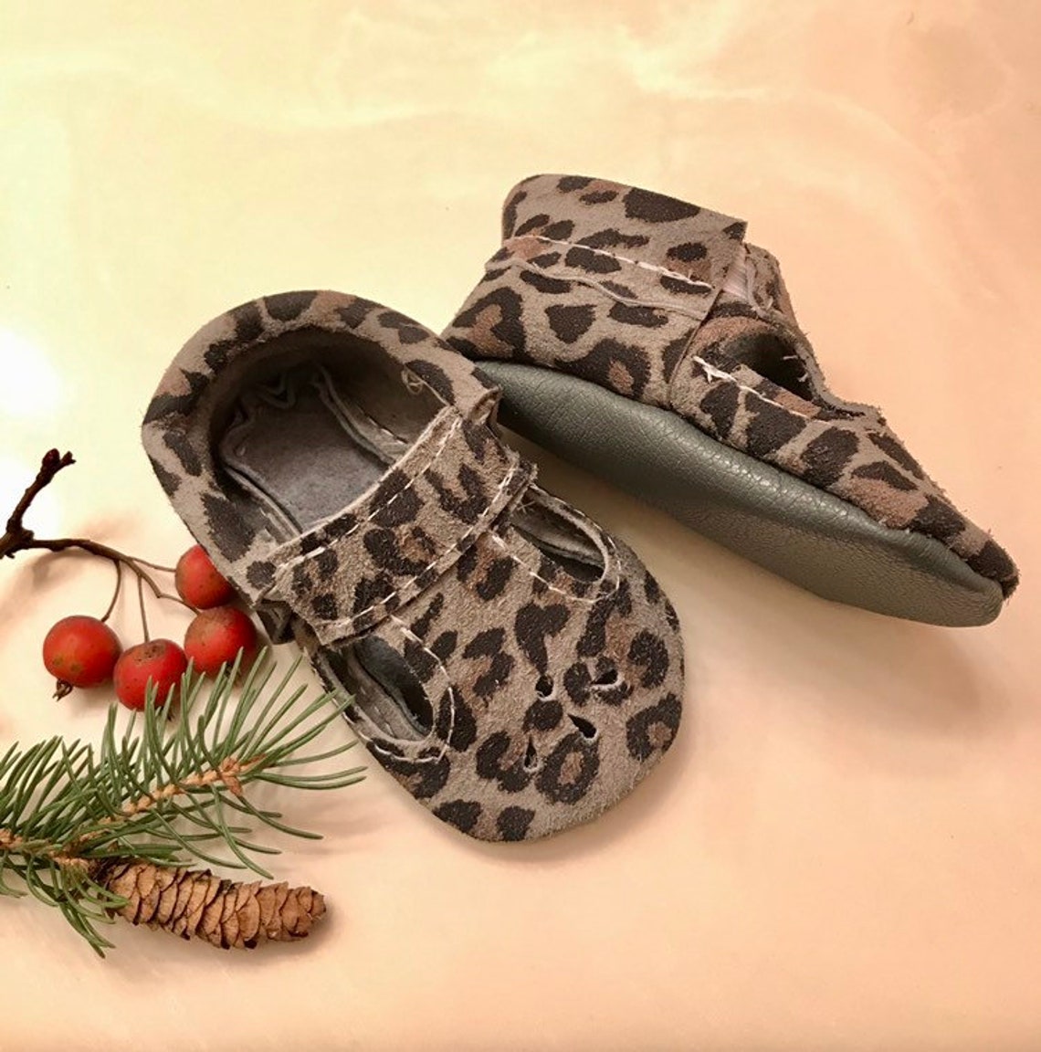 Baby Moccasins, Gray Leopard Moccs, T-stap Moccasins, T-strap Baby ...