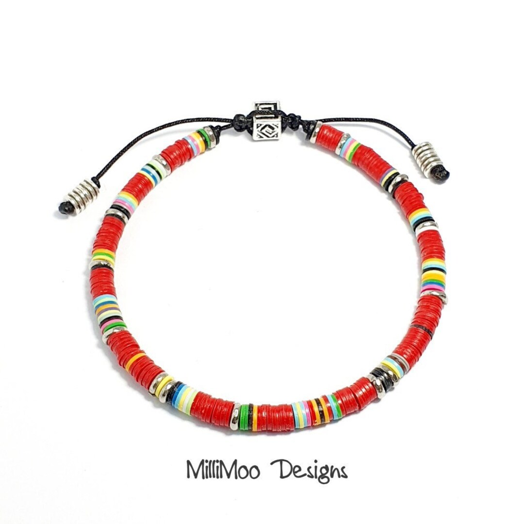 African Red Vinyl Disc Bracelet: Mens Boho Friendship Bracelet With Silver Heishi Beads - Etsy