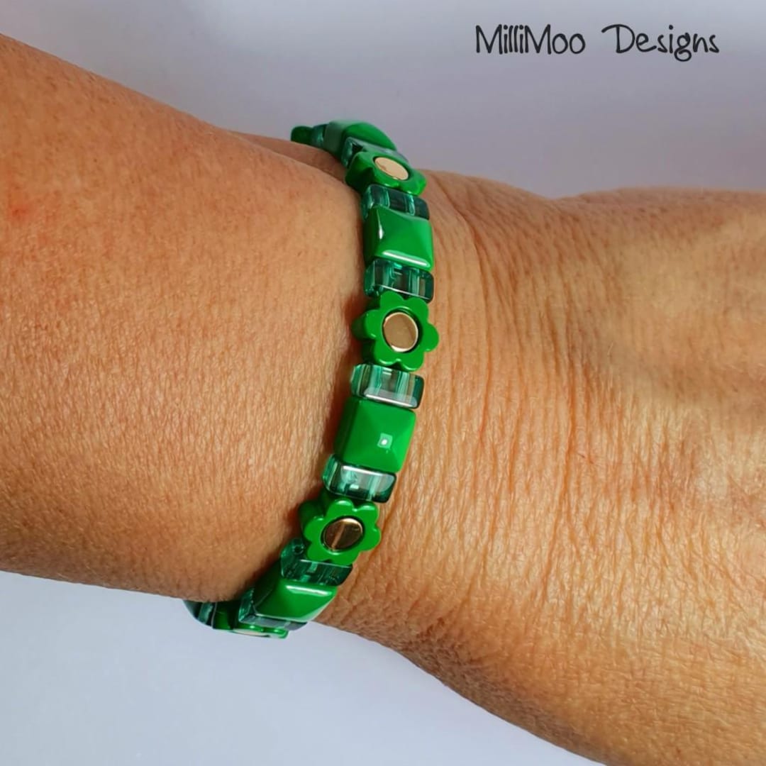 Green Ladies Flower Enamel Tile Bracelet, Stretch Tile Bracelet, Flower ...